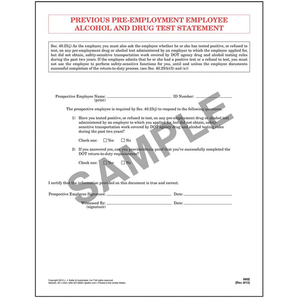 Previous Pre-Employment Employee Alcohol & Drug Test Statement (Padded ...